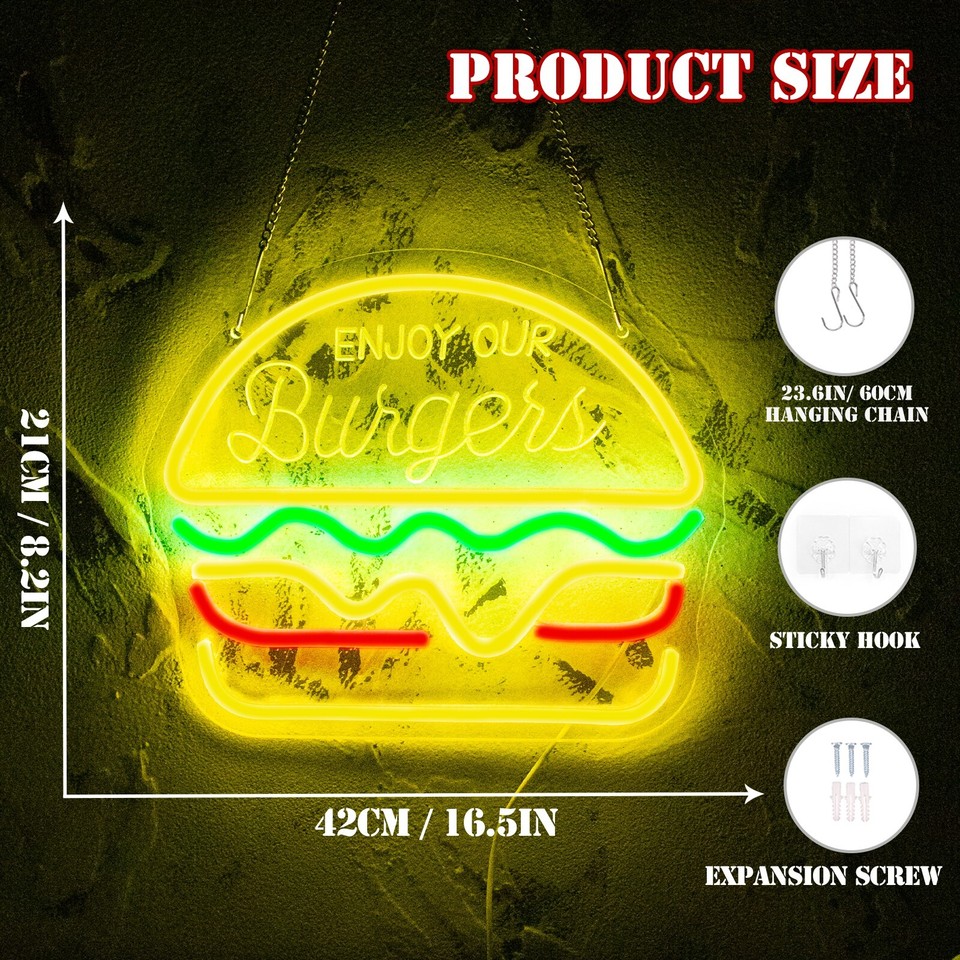 BURGER Neon Signs Wall Decor LED Light Hamburger Business Restaurant ...