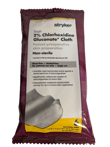 Stryker Sage 2% Chlorhexidine Gluconate Cloth Patient Pre Op Skin Prep ...