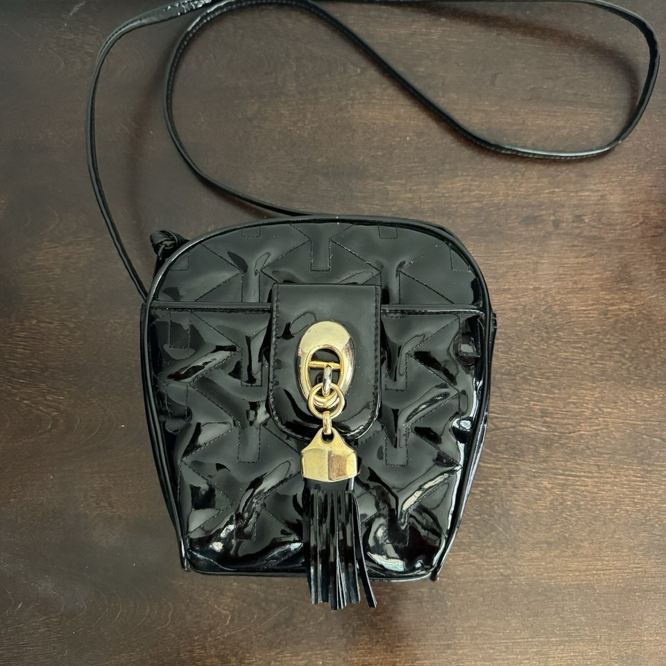 Vintage Allen Edward Small Black Quilted Patent Leather Crossbody Purse ...