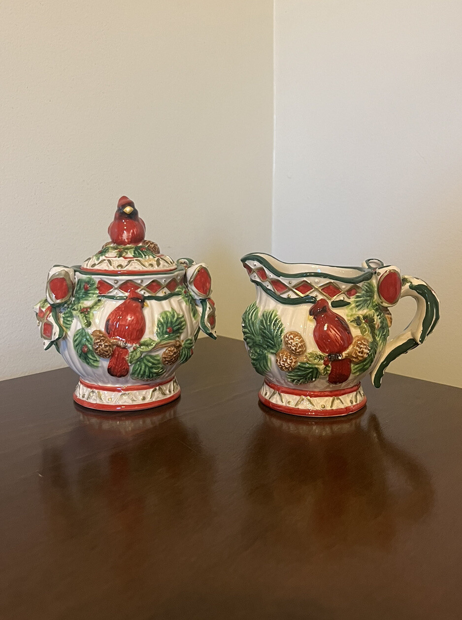 Cracker Barrel Plaid Tidings Cardinal Cream & Sugar Bowl Christmas ...