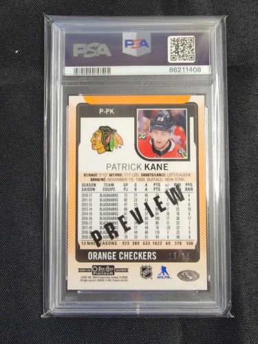 2021-22🔥Patrick Kane🔥OPC Platinum Preview P-PK Orange Checkers /15 PSA ...