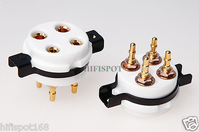 4 pcs Gold plated 4 pin tube socket made of fine ceramic good quality ...