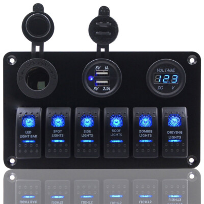 12V 6 Gang Inline Fuse Box LED Switch Panel Dual USB Car Boat Truck ...