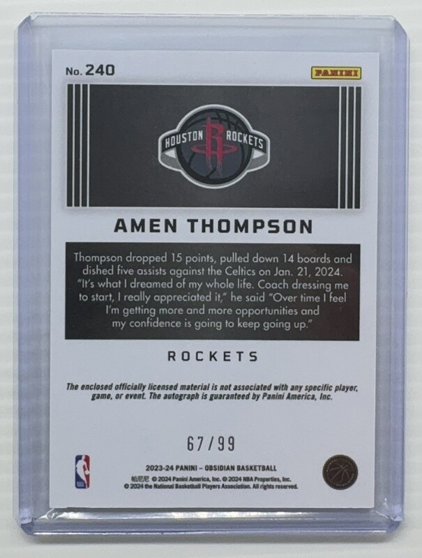 2023-24 Obsidian Amen Thompson RPA Rookie Jersey Patch Auto RC #67/99 ...
