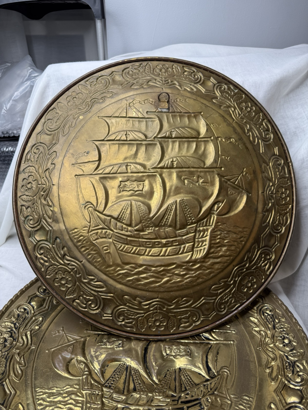 Set Of 2 Vintage MCM Pirate Ship Circular Brass Wall Art Made In ...