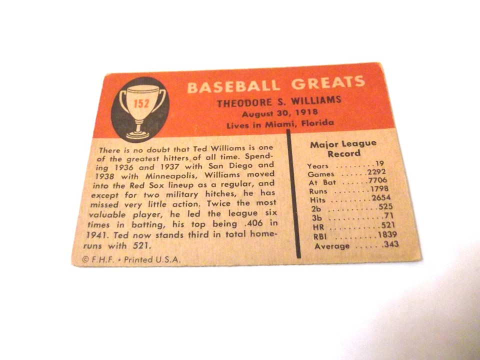 TED WILLIAMS Fleer 1961 Baseball Card Baseball Greats #152 | eBay