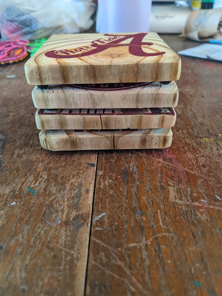 Custom Engraved Rustic Wooden Coasters Crimson Roll Tide Alabama Set Of ...
