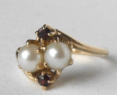 Vintage 14k Gold B+F Baden Foss Twin Akoya Pearl Ruby Ring Size 6.25 ...