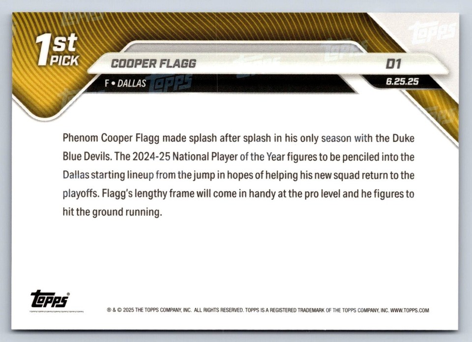 2025 Topps Now COOPER FLAGG #D1 Draft Night 1st Pick Rookie RC Dallas ...