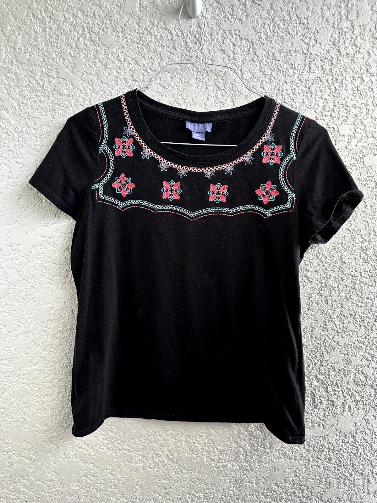 Laura Scott Top Womens Short Sleeve Embroidered Black Medium | eBay
