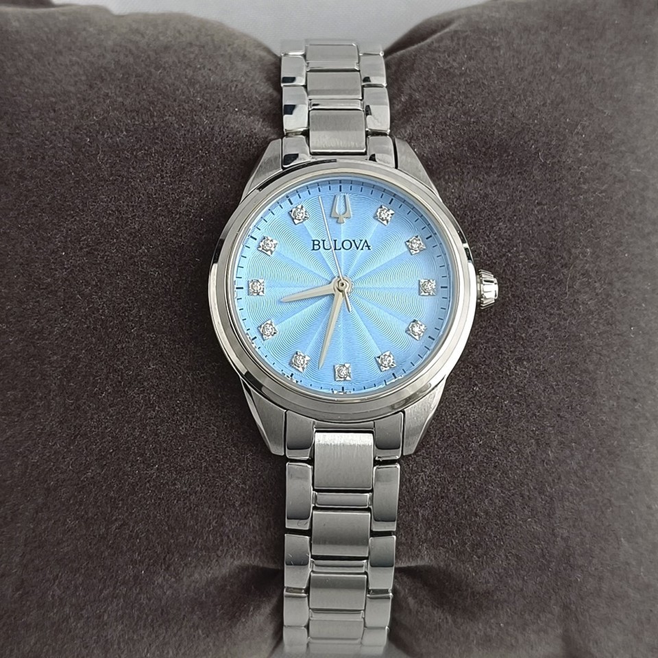 New Bulova Sutton 96P250 Diamond Blue Dial Quartz Stainless Steel Women ...