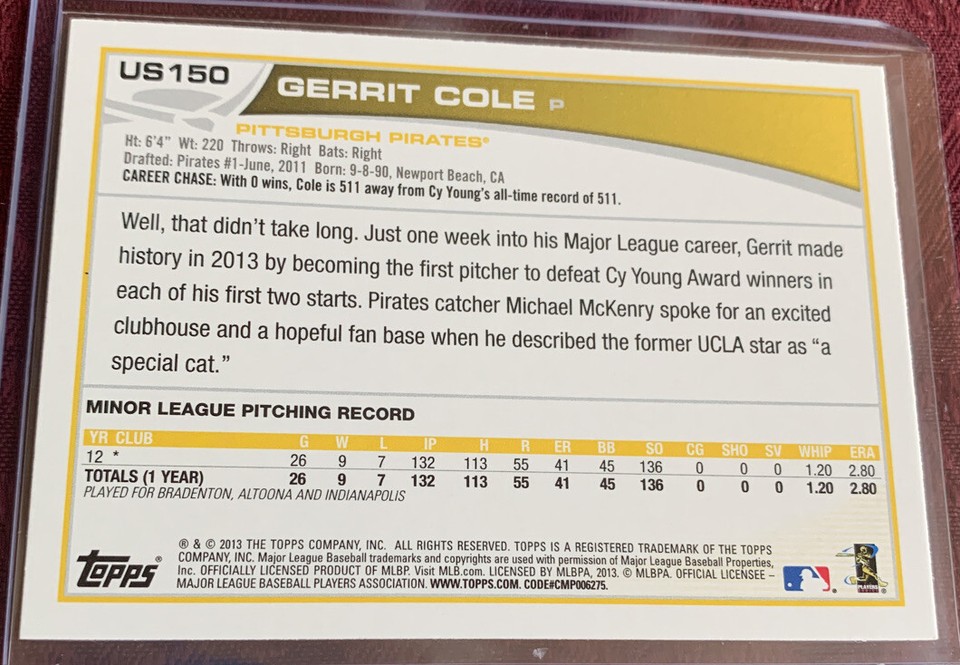 Gerrit Cole 2013 Topps Update Series RC # US150, New York Yankees - Qty ...