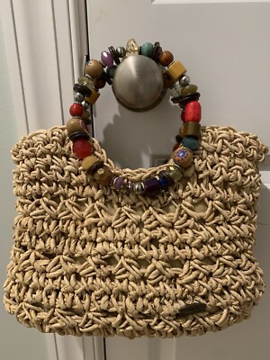 Cappelli Straworld Straw Purse with Multi Colored Bead Handles | eBay