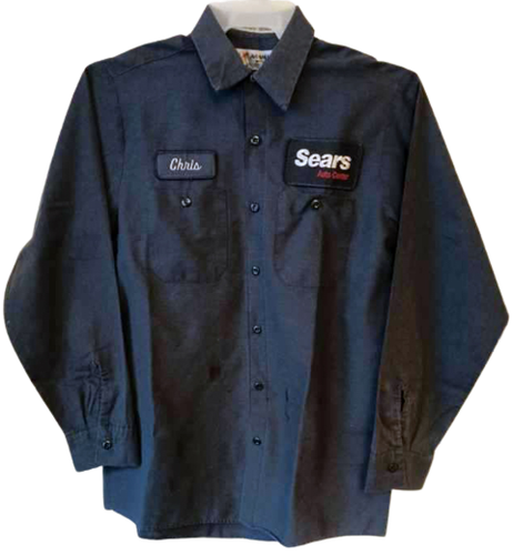 ARAMARK SEARS AUTO LONG SLEEVE WORK SHIRT w/ "Chris" nametag; Navy Blue ...
