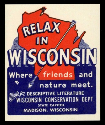 USA Poster Stamps - Wisconsin Tourism Publicity c. 1930s - Map of State ...