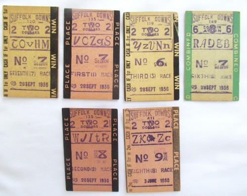 Lot of 6 1950's Suffollk Downs Horse Racing TOTE TICKETS No Bends No ...