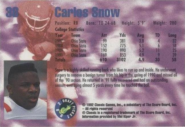 Preços baixos em 1992 Classic Draft Picks Carlos Snow #38 | eBay