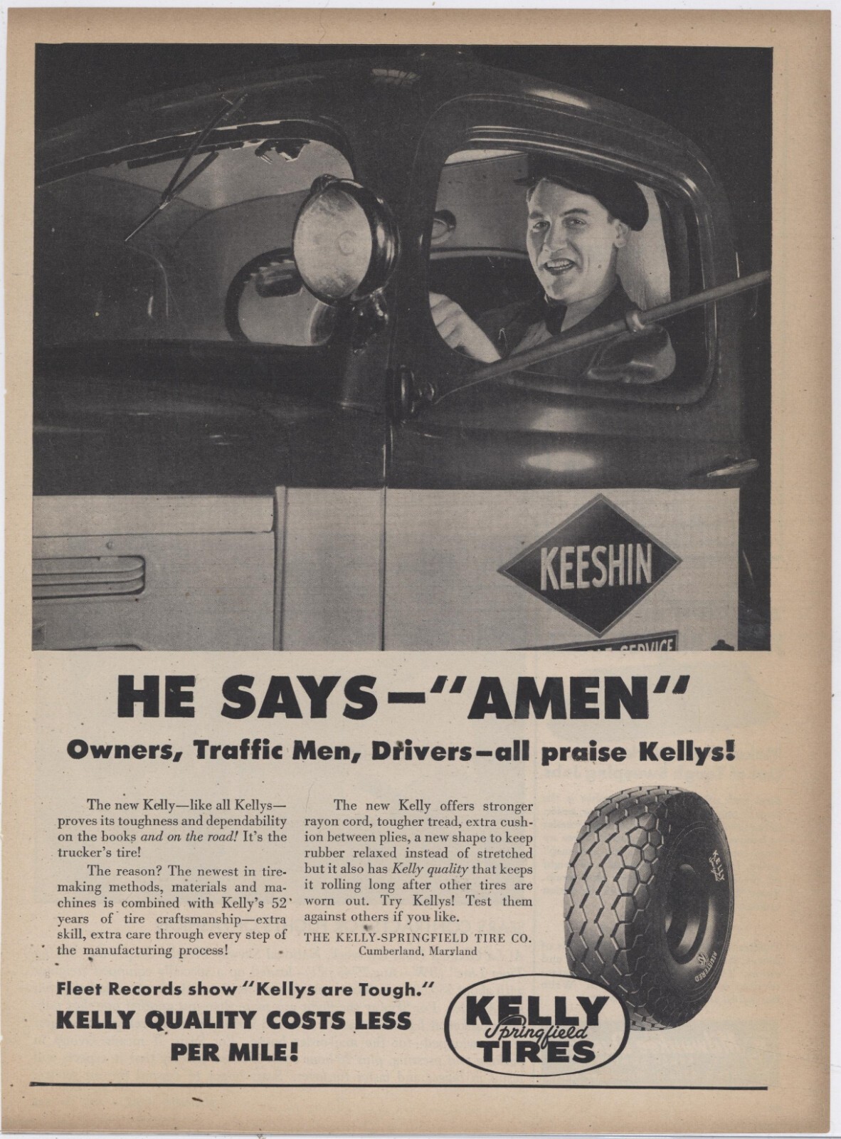 1946 Kelly Springfield Tire Ad: Keeshin Motor Transport Truck w ...