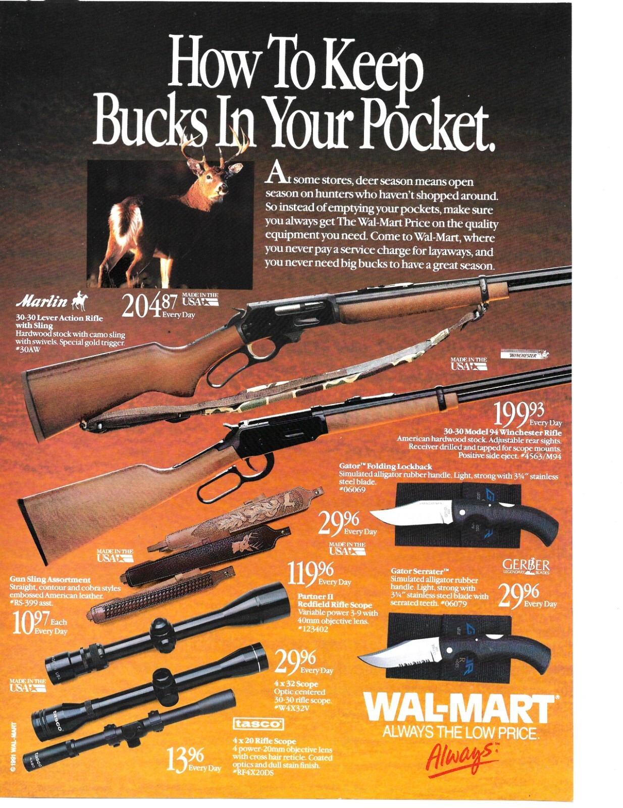 1991 WALMART HUNTING GEAR FLYER, 1 PG, 2 SIDED, GUNS, KNIVES, MAGAZINE ...