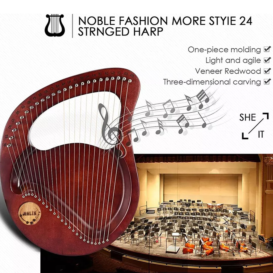 24-String Harp Solid Wood Mahogany Lyre Harp With Pick Strings Wiper ...