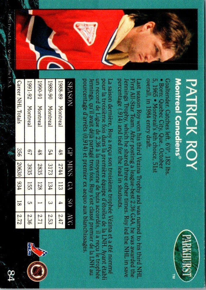 1992 Parkhurst Patrick Roy #84 Montreal Canadiens Hockey Card | eBay