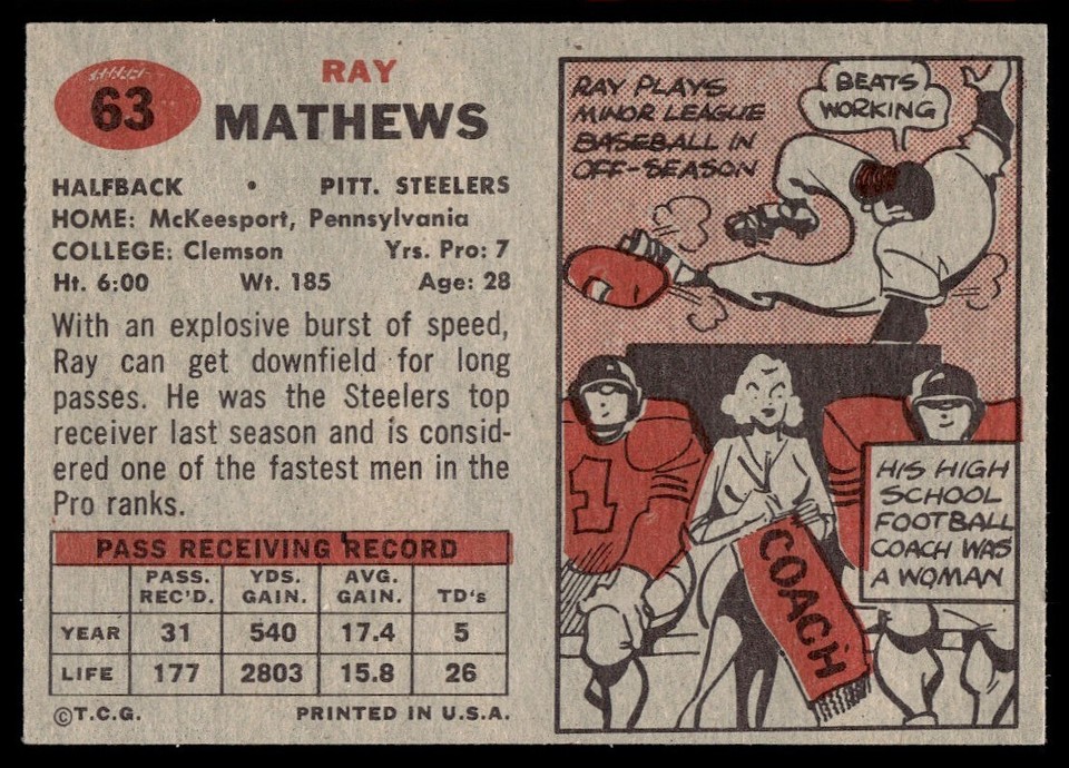 1957 Topps Ray Mathews NM Pittsburgh Steelers #63 | eBay