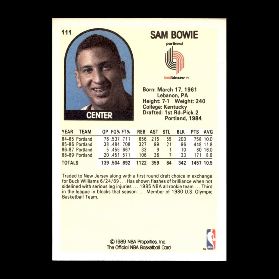 Sam Bowie 1989-90 Hoops Portland Trail Blazers #111 R328Y 31 | eBay