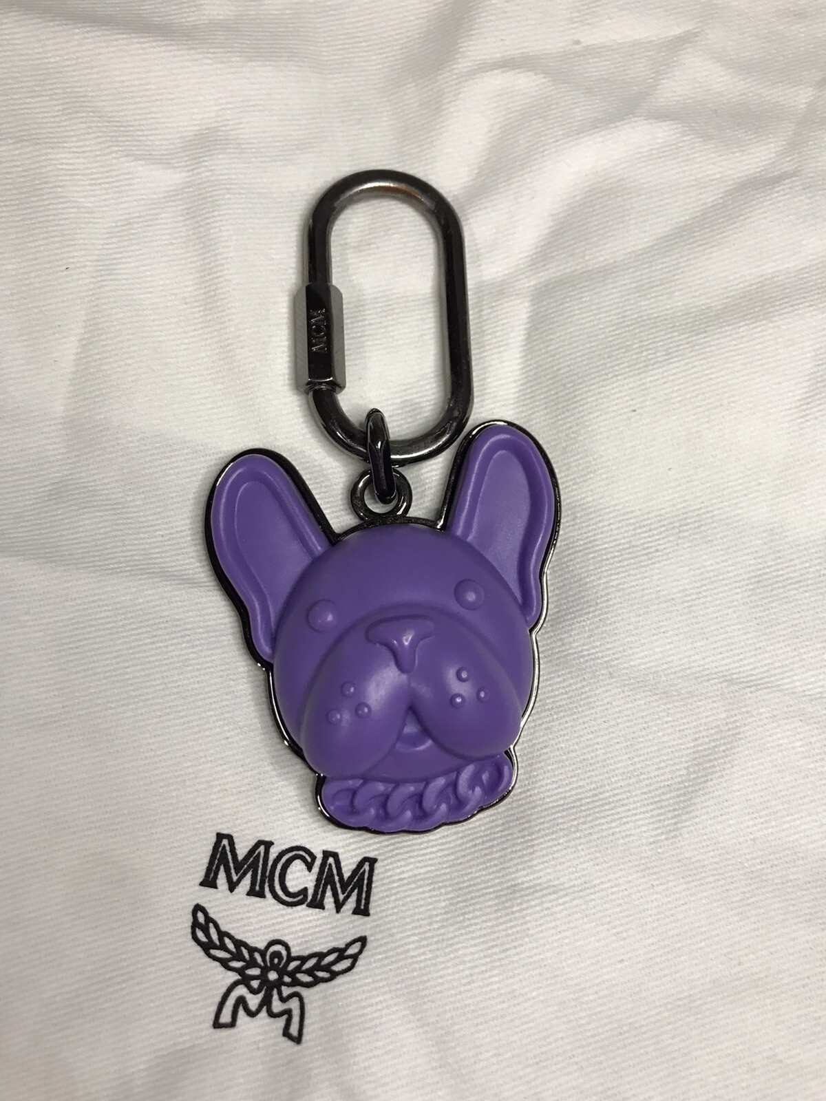 MCM Bull Dog Frenchie Dog Face 2” Keychain Bag Charm Purple Silver Dust ...