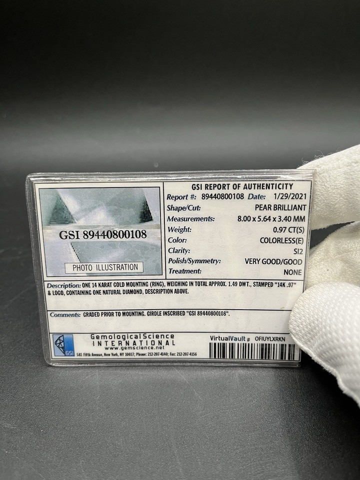 14k White Gold Solitare .97ct Pear Natural Diamond Ring SI2 GSI Cert ...