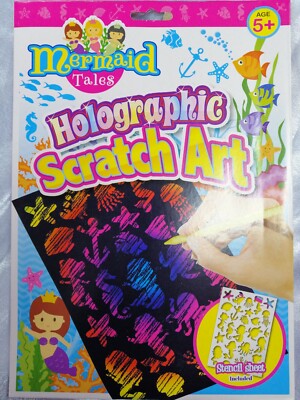 HOLOGRAPHIC MERMAID SCRATCH ART SHEETS SET STENCIL KIDS CRAFT ART GIFT ...