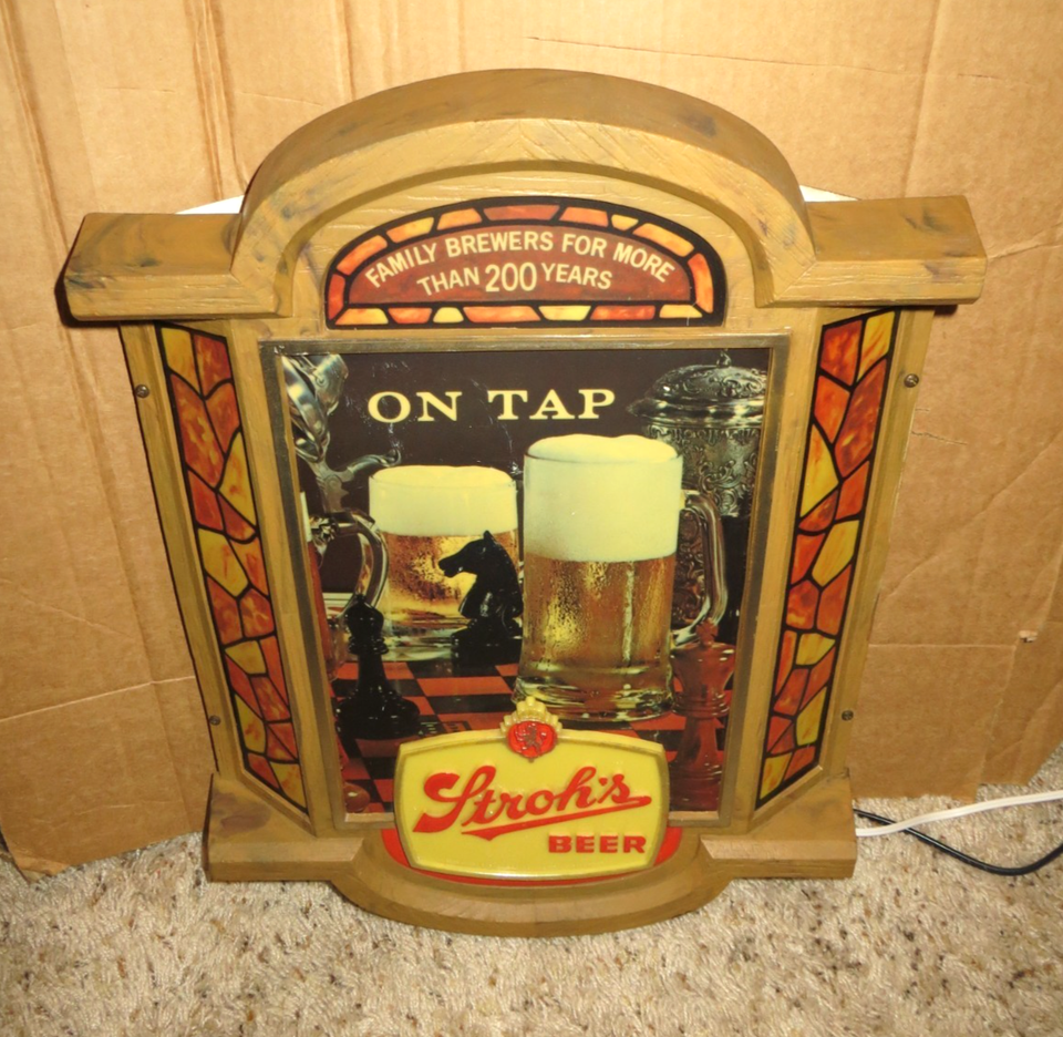 VINTAGE STROH'S BEER ON TAP LIGHTED SIGN-FAUX STAINED GLASS-BREWERS 200 ...