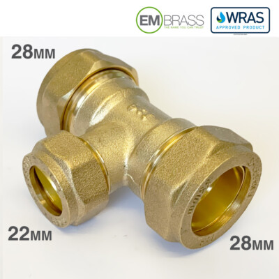 Reducing Tee 28mm x 28mm x 22mm Compression WRAS Approved Brass ...