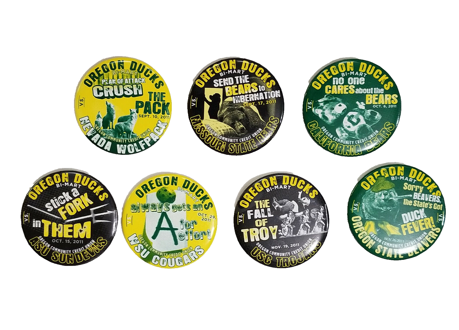 2011 Oregon DUCKS Football PINS Bi-Mart COMPLETE SET of 7 BUTTONS PAC ...