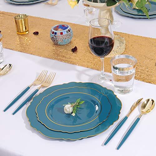 100pcs Teal Plastic Plates With Gold Rim & Gold Disposable Silverware ...