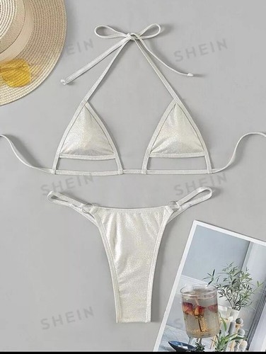 SHEIN Swim white Metallic thong cut out Bikini Swimsuit String Sz XL ...