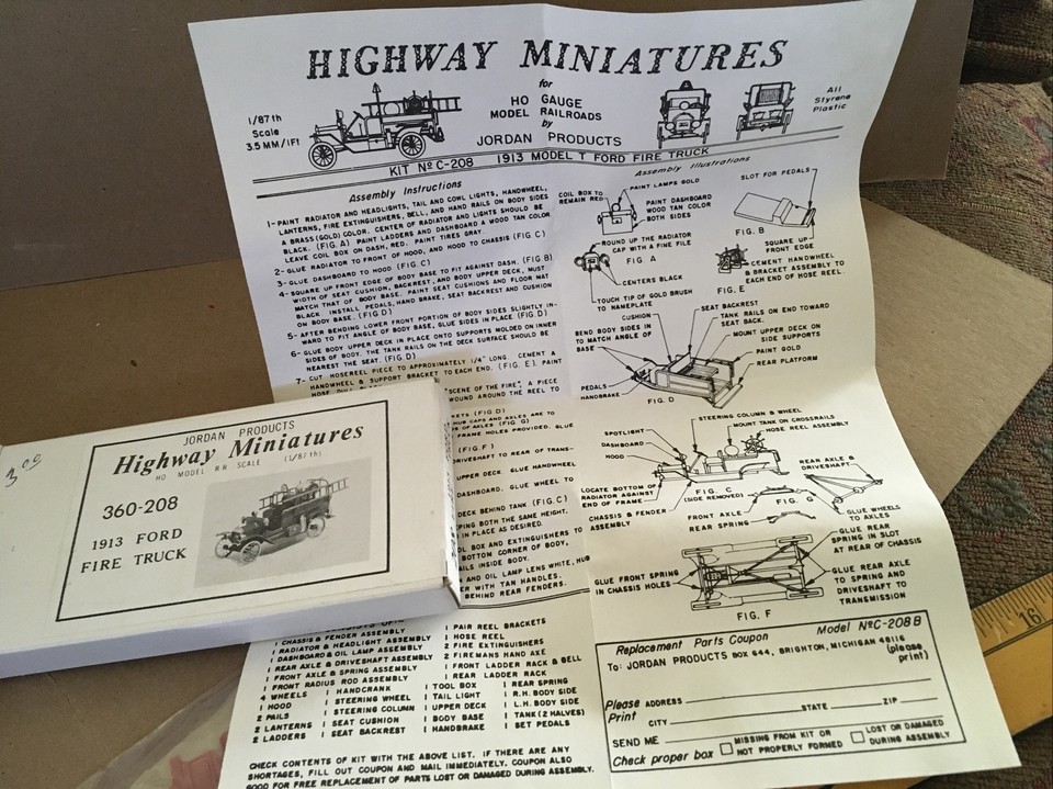 Jordan Highway Miniatures 1913 Model T Ford Firetruck HO Scale Kit C ...