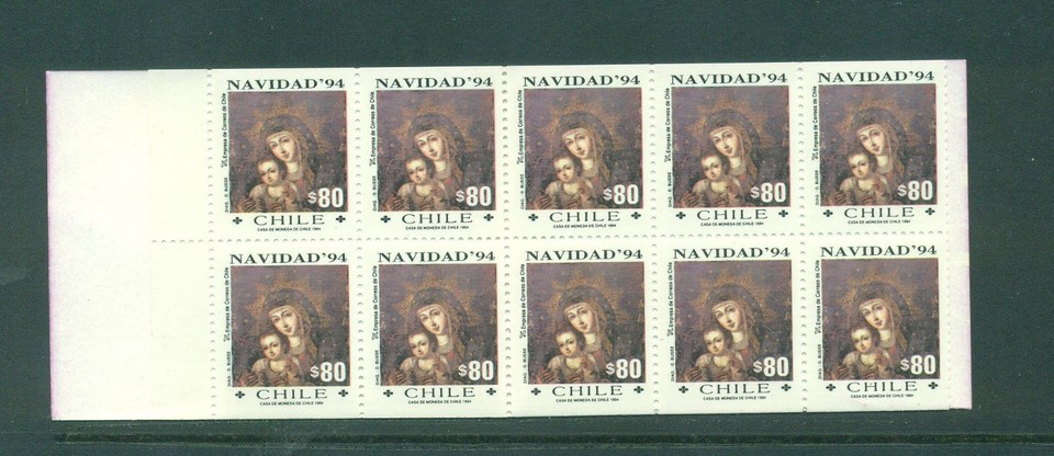 Chile 1994 800$ Christmas pane of 10 $80 Mary and Jesus Art stamps ...