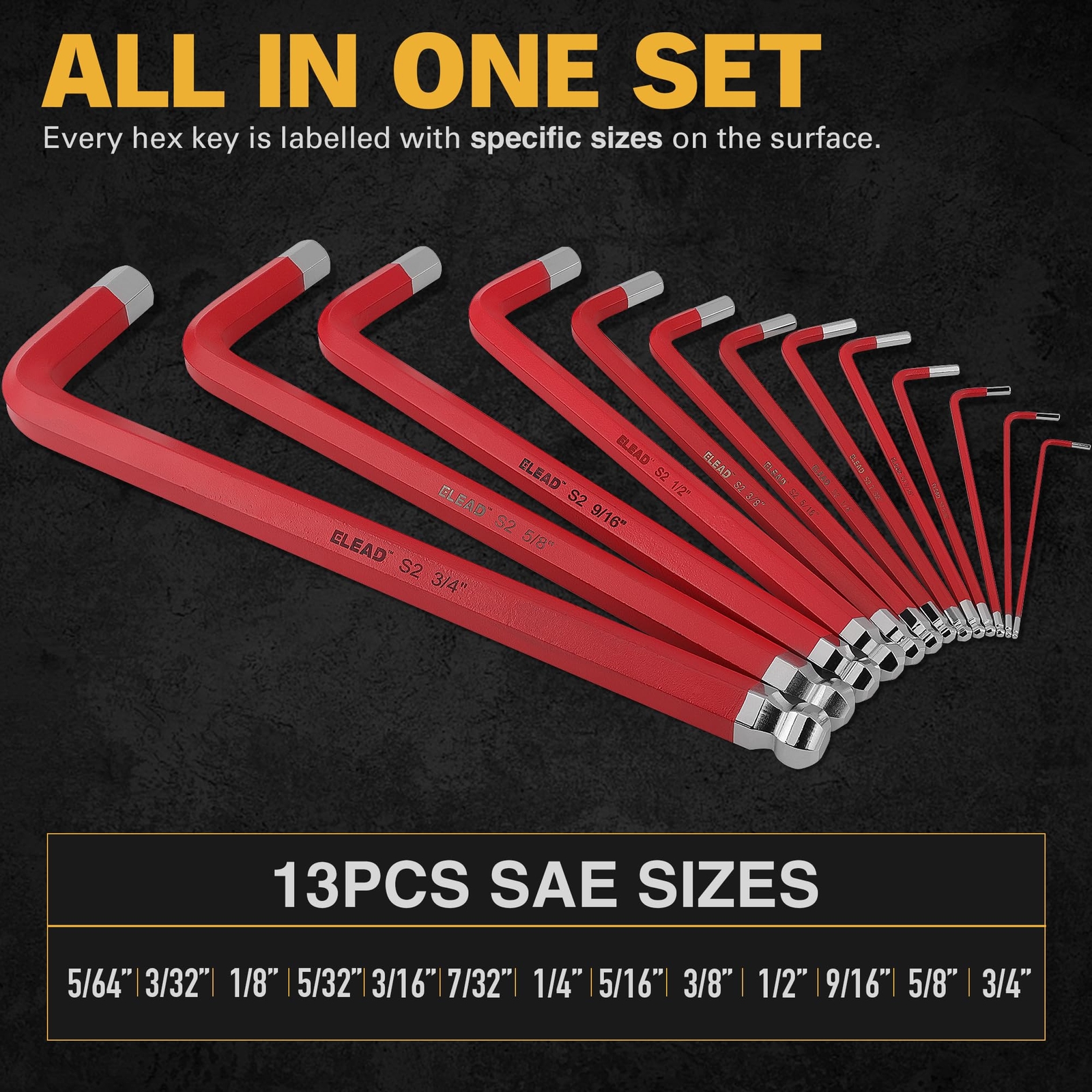 Jumbo Hex Key Allen Wrench Set | 13-Piece SAE 5/64"-3/4" | Long Ball ...