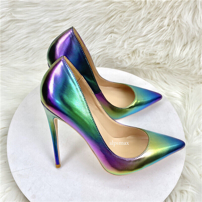 Women High Heels Patent Leather Slip On Pointed Toe Gradient Color Pump ...