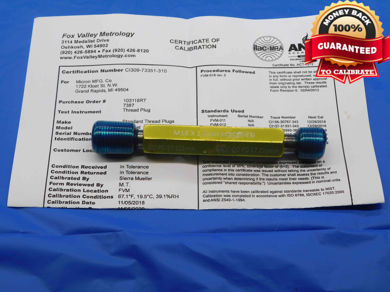 CERTIFIED M18 X 1.5 6H MODIFIED THREAD PLUG GAGE 18 GO NO GO = 17.121 ...