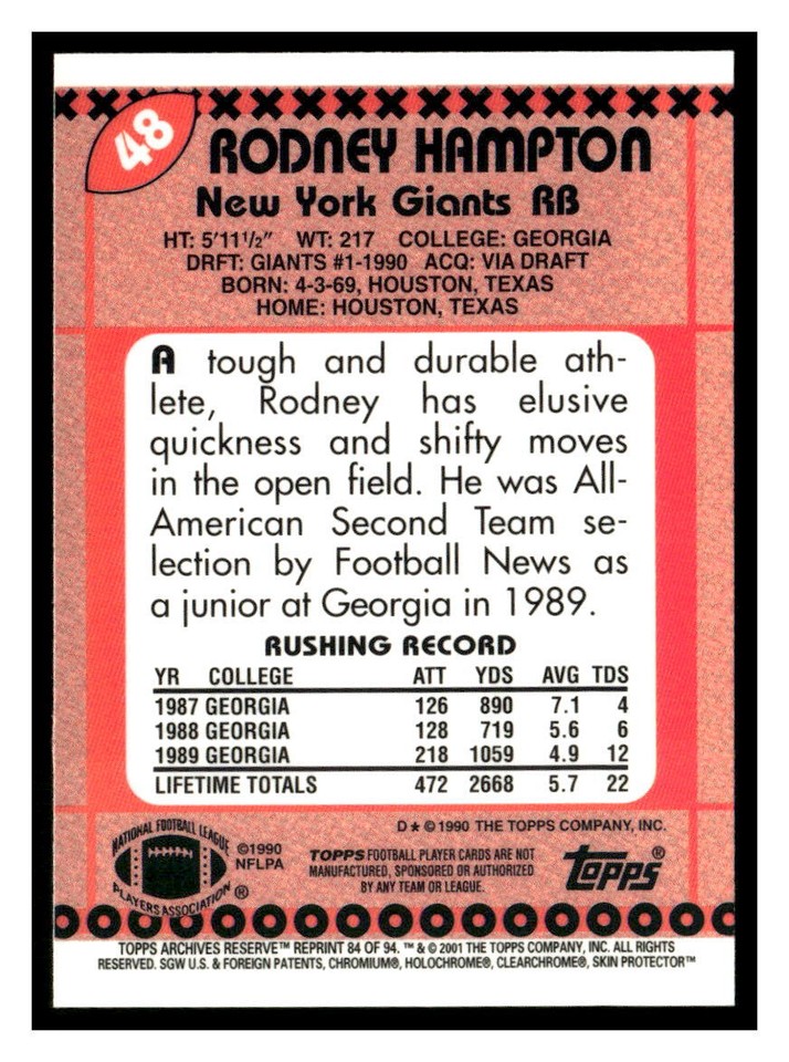 Rodney Hampton 2001 Topps Archives Reserve 84 | eBay