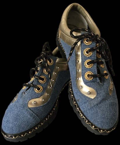 Blue Denim/Gold Beaded ZIP CODE Lace Up Loafers Flats Shoes Size 9 NIB ...
