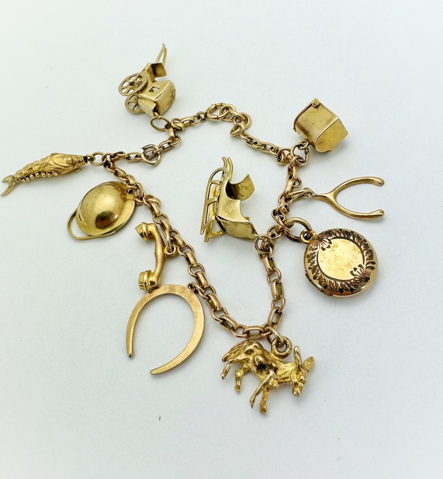 Estate 10K Charm Bracelet with Charms, Single Links Yellow Gold, Wish ...