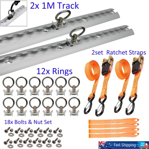 2X 1M Anchor Track 12x Rings 2x Cargo Straps Tie Down Rail Point ...