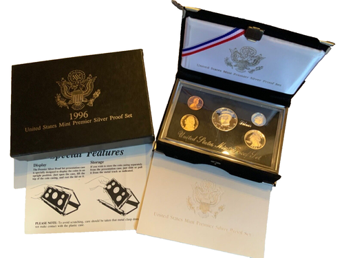 1996 S Premier Silver Proof Set (5 Coins) Black Box & COA US Mint ...
