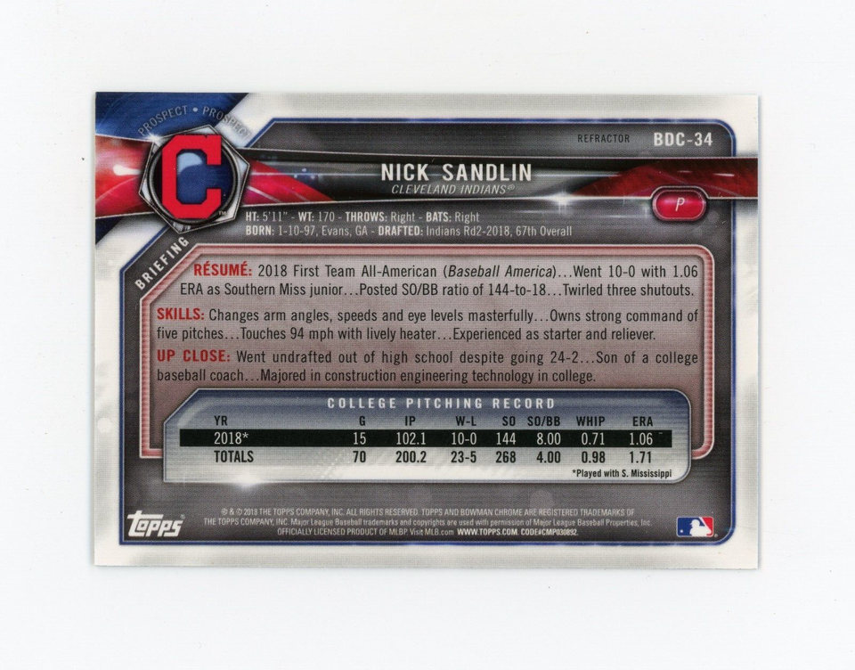 NICK SANDLIN 2018 Bowman Chrome 1st Refractor Rc #BDC-34 Cleveland ...