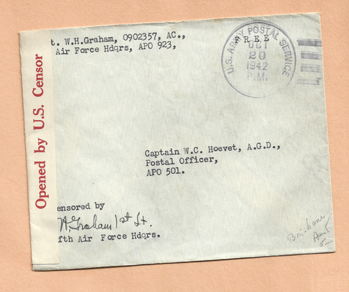 WORLD WAR II MILITARY MAIL APO 923 1942 AIR FORCE HEADQUARTER CENSORED ...