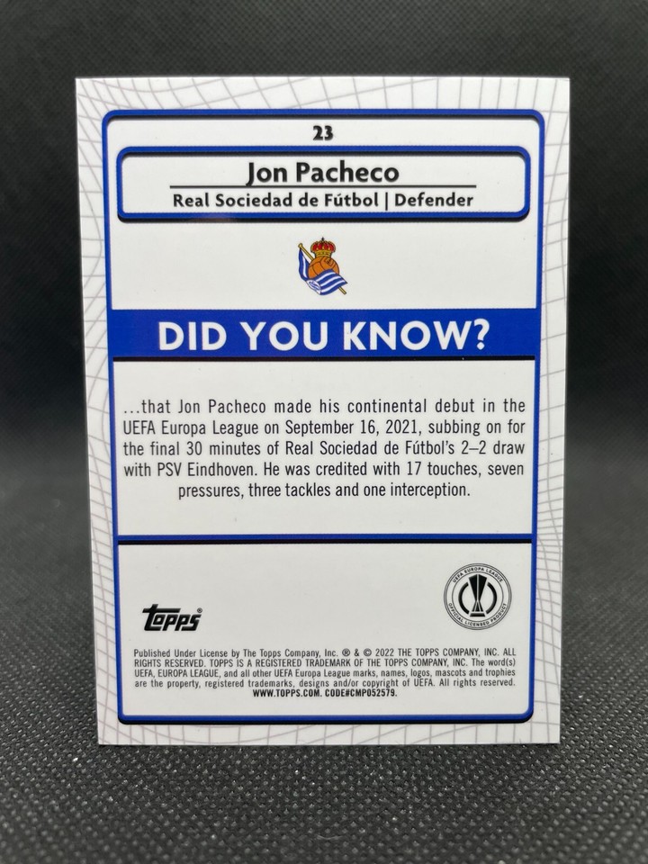 JON PACHECO 2021 TOPPS MERLIN CHROME UEFA AQUA PRISM ROOKIE #23 REAL ...