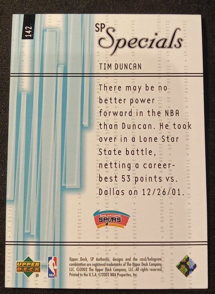 2001-02 TIM DUNCAN SP AUTHENTIC #142 SP SPECIALS #0205/2000 SPURS HOF ...