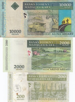 Madagascar, 10000, 2000, 200, Lot of 3 Different Banknotes, Old Issues ...